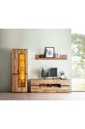 Linea Natura Wohnwand Kelio, Metall, Wildeiche, furniert, massiv, teilmassiv, 8 F&auml;cher, 2 Schubladen, 270x203x47 cm, Beim&ouml;bel erh&auml;ltlich, Wohnzimmer, Wohnw&auml;nde, Wo