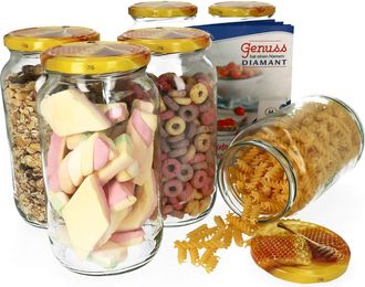 MamboCat 6er Set Einmachglas 1062 ml I Vielseitige Rundgläser Einkochgläser mit Schraubdeckel I Twist Off to 82 I Aufbewahrungsgläser mit Deckel mit Honigwabe 