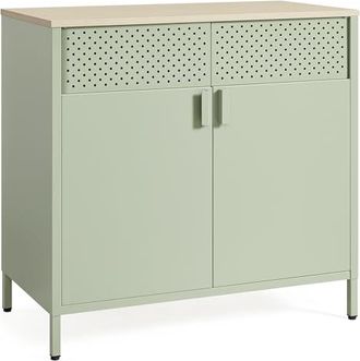 Songmics Meuble de Rangement, Buffet, en Métal, Double Porte, Fermeture Magnétique, Cadre en Acier, 40 x 80 x 76 cm, Vert Laurier et Couleur Chêne Naturel LSC1