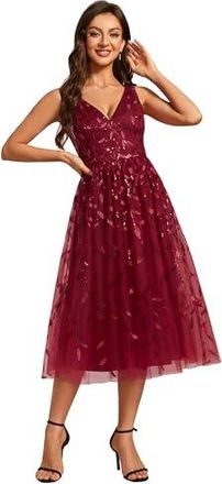 Ever-pretty Robe pour Invité Mariage Dos Nu Femme Paillettes Feuilles Double V-Col sans Manches A Line Taille Empire Robe de Bal Brillante Bordeaux 36