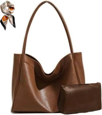 Generic PU Trendy Capacity Retro Tote Bag,Simple Casual Work Commuting Tote Bag,Casual Slouchy Daily Shoulder Bag for Women (Brown)