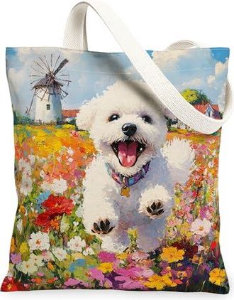 Generic Sac fourre-tout en toile r&eacute;utilisable pour le shopping, 33 x 38,1 cm, motif chien bichon fris&eacute;, sac d&eacute;picerie r&eacute;utilisable pour femme, motif floral am
