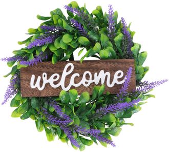 Kesyoo T&uuml;rkranz, k&uuml;nstliche Lavendel-Girlande, T&uuml;rkranz f&uuml;r Zuhause, mit Willkommens-Wandbehang, f&uuml;r Haust&uuml;r, Wand, Fenster, Gr&uuml;n, Lila