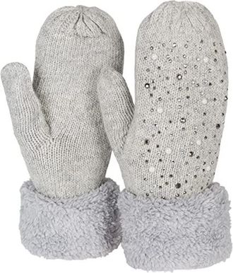 styleBREAKER 09010039 Moufles dhiver chaudes en tricot avec strass et perles, gants, polaire thermique, pour femme, gris clair, taille unique