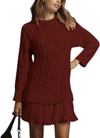 Generic Robe pull d&eacute;contract&eacute;e en tricot torsad&eacute; &agrave; col roul&eacute; pliss&eacute; pour femme, bordeaux, XXL