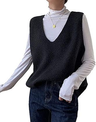 Minetom Pull sans Manche Col V Femme Gilet en Tricot Automne Hiver Débardeurs Chandail Bureau Pullover Tops Hauts B Noir XL