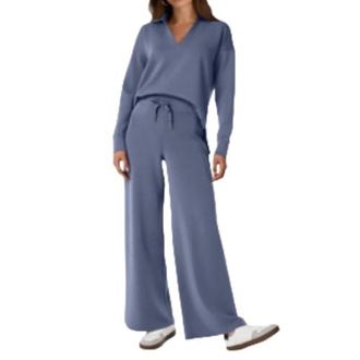 Generic Ensemble de voyage deux pi&egrave;ces, tenue d&eacute;contract&eacute;e &agrave; manches longues, haut polo et pantalon &agrave; jambes larges, ensembles assortis, Gris/bleu, 3XL