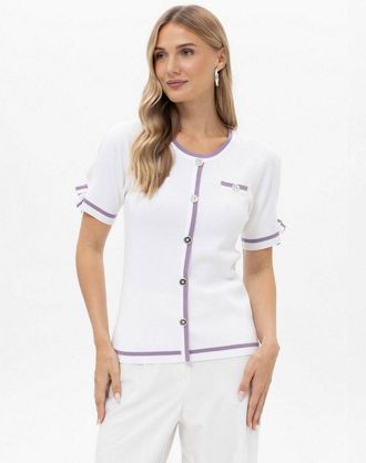 Passioni Kurzarmshirt mit Cut-Outs und Schleifendetails Strickshirt in Wei&szlig;- und Flieder mit Schleifen