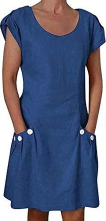 ORANDESIGNE Robe Femme Ete Couleur Unie Chic Manche Courtes Tunique Casual Grande Taille Robe Coton Bleu FR 40