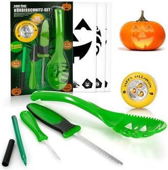 Com-Four Set de 14 pièces pour sculpter les citrouilles pour Halloween - Outils de découpe pour évider les citrouilles - couteau, cuillère, stylo, pochoirs et 