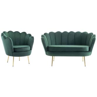 Vente-Unique Canap&eacute; 2 places et fauteuil coquillage en velours vert sapin DANDELION de Pascal Morabito