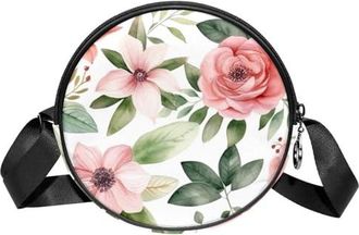 Generic Petit sac &agrave; bandouli&egrave;re circulaire pour femme, motif feuilles florales, sac &agrave; dos avec fermeture &eacute;clair, bretelles r&eacute;glables, sac &agrave; main rond d&eacute;contra