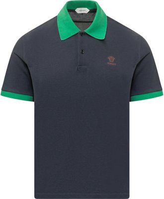 Versace Homme, Tops, Bleu, Taille: M Polo en Piqu&eacute; de Coton Brod&eacute;