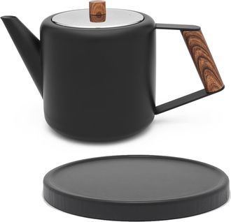 Bredemeijer Teekanne Set 1.1 Liter - Edelstahl doppelwandig Schwarz - Gro&szlig;er moderner Teebereiter ohne Filter - inkl. Holz-Untersetzer schwarz