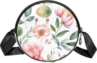 Generic Petit sac &agrave; bandouli&egrave;re circulaire pour femme, motif feuilles florales, sac &agrave; dos avec fermeture &eacute;clair, bretelles r&eacute;glables, sac &agrave; main rond d&eacute;contra
