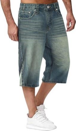 Minetom Baggy Short Jean Homme Coupe Ample Vintage Pantalon Court Jorts Streetwear Y2K Hip Hop Shorts en Denim Décontractés A Bleu Foncé L