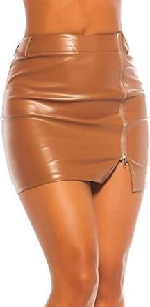 Koucla Mini jupe aspect cuir aspect cuir avec fermeture Éclair, marron, L