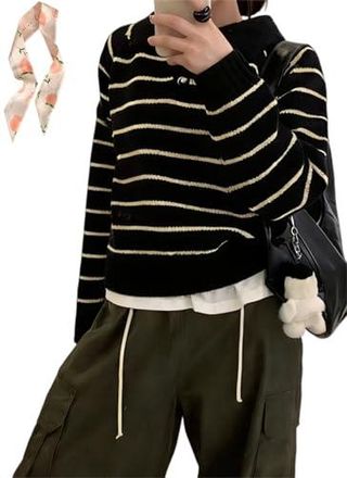 Generic Y2k Pull en tricot ray&eacute; &agrave; manches longues et col en V Col &agrave; revers Bloc de couleurs Vintage Preppy Jumper Sweatshirt, F, Taille unique