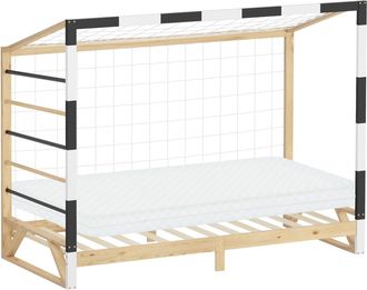 ML Design ML-Design Kinderbett Fu&szlig;balltor 90x200 cm mit Matratze H:10cm, Holzbett mit Lattenrost, Kletterleiter, Tornetz, Jugendbett aus Kiefernholz, Einzelbett