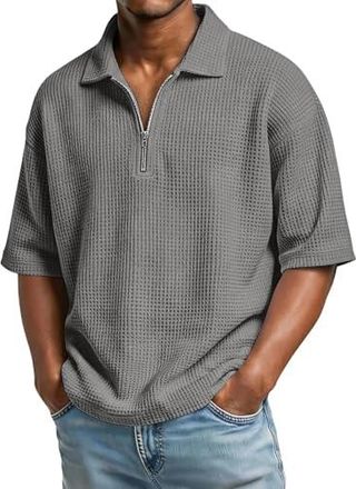 Generic Chemise basique classique solide pour homme, v&ecirc;tement de travail d&eacute;contract&eacute;, polo boutonn&eacute;, l&eacute;ger et respirant, T-shirts dext&eacute;rieur, Cendr&eacute; clair, XX