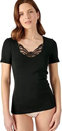 Damart T-Shirt Manches Courtes Fine côte Guipure Thermolactyl Femme Noir Taille 54-56 (XXL)