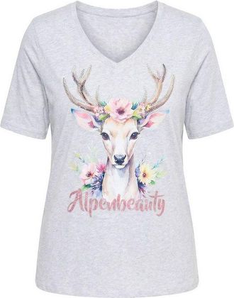 Ulla Popken T-Shirt T-Shirt Hirsch Classic V-Ausschnitt Halbarm