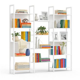 Relaxdays B&uuml;cherregal, 14 Ablagen, Holzoptik & Metall, Standregal Wohnzimmer, HBT: 166 x 158 x 24 cm, Buchregal, wei&szlig;