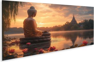 Islandburner Bild auf Leinwand Buddha am See bei Sonnenuntergang ruhige Lotusblüten im Vordergrund Bilder Wandbilder Poster