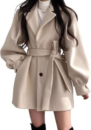 Generic Manteau long pour femme, coupe classique &agrave; revers, style business d&eacute;contract&eacute;, veste dautomne &eacute;paisse, manteau dext&eacute;rieur avec ceinture, couleur abric