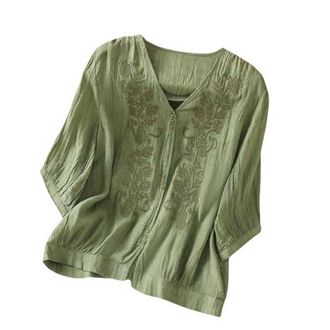 Generic Chemise en lin pour femme, coupe ample, &eacute;l&eacute;gante, brod&eacute;e florale, tunique r&eacute;tro boutonn&eacute;e, col en V, manches courtes, chemisier l&eacute;ger et fluide, Vert,