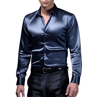 Generic Chemises brillantes pour hommes - Chemise en satin brillant &agrave; manches longues infroissable boutonn&eacute;e brillante avec col &agrave; revers coupe slim chemise ha