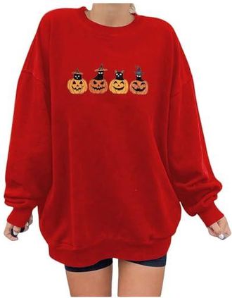 Generic 2026 Pull à capuche décontracté à manches longues et col rond pour femme Motif citrouille dHalloween, Rouge, XXL