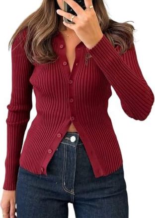 Minetom Femme Chemise Tricot&eacute;e &Agrave; Manches Longues Revers Gilet avec Boutons Col en V L&eacute;ger Et Estival El&eacute;gant Cardigan A Rouge XS