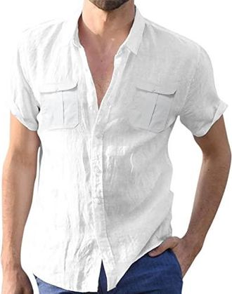 Generic Chemise en lin pour homme - Blanc - Manches courtes - Chemise dété légère - T-shirt de travail en coton - Chemise décontractée à manches courtes avec 