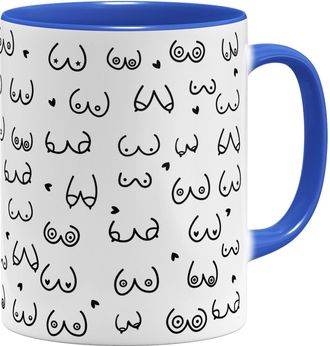 OM3 witzige Doodle Kaffeetasse mit Brüsten - Titten Tasse Brüste-Muster - Keramik Becher - 11oz 325ml - Rundumdruck - Blau