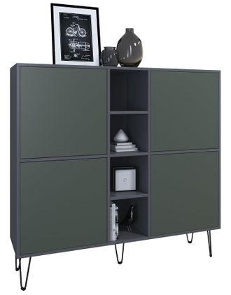 Vladon Highboard Havana V3, Kommode mit 4 T&uuml;ren und 4 offene F&auml;cher, Kommode Made in Germany, Anthrazit matt/Fjord Gr&uuml;n (130,5 x 124 x 35 cm)