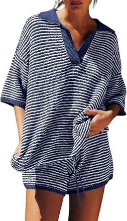 Generic Ensemble pull rayé 2 pièces pour femme, haut surdimensionné en tricot à manches 3/4 et col en V, short taille haute, ensemble de détente tendance 2025