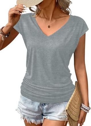 Zeagoo Femme Hauts Élégants Débardeur Plissé Col en V Hauts sans Manche Chemises Dété Décontractées Basic Uni Stretch Tunique Gris XXL