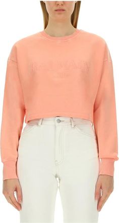 Balmain Femme, Sweatshirts et sweats &agrave; capuche, Rose, Taille: 40 FR Vintage Emb Crop Sweat