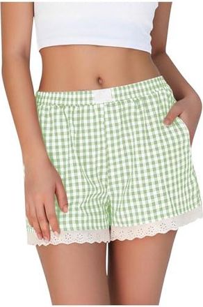 Generic Short de pyjama &agrave; carreaux avec bordure en dentelle pour femme - Pantalon de pyjama vichy d&eacute;contract&eacute; d&eacute;t&eacute; Y2K - Taille &eacute;lastique - Boxer court doux e