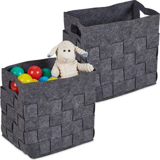 Relaxdays Aufbewahrungskorb 2er Set, Faltbare Regalbox, Bad, Spielzeug, HxBxT: 30x30x24 cm, Filzkorb mit Griffen, grau