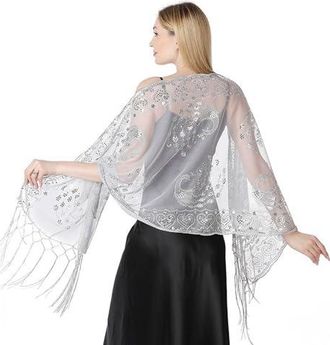 Generic Poncho Femme Hiver Chaud Chale Femme Hiver Chaud Cape Femme Effet enveloppant Ch&acirc;le Paillet&eacute; Brod&eacute; Frange &Eacute;l&eacute;gante Pour Occasions Formelles