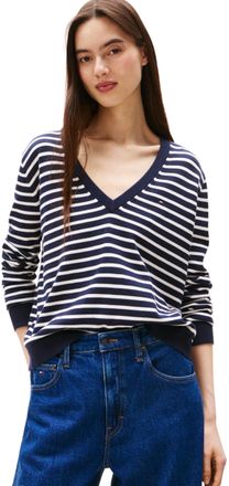 Tommy Jeans Damen Pullover Essential mit V-Ausschnitt, Mehrfarbig (Dark Night Navy/Stripe), M