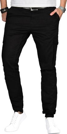 Alessandro Salvarini Herren Designer Cargo Stoff Hose Cargohose Regular Slim [AS-260-Schwarz-W32-L32]