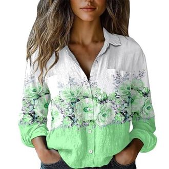 Generico Chemise Femme Curvy &agrave; Manches Longues Blouse Coton Et Lin D&eacute;contract&eacute; Respirant T Shirt Col en V Mode Chemisier Vintage Fantaisie avec Boutons Doux Ch