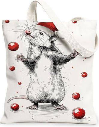Generic Sacs fourre-tout en toile avec motif animal de No&euml;l, motif rat, sacs d&eacute;picerie r&eacute;utilisables, l&eacute;gers et lavables avec bandouli&egrave;re en toile pour Tr, bl