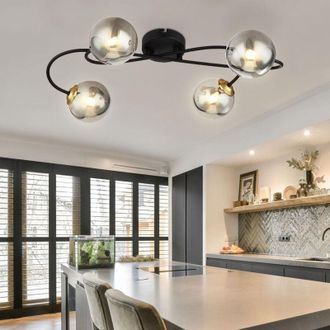 Globo Lighting Deckenlampe Wohnzimmerleuchte Deckenleuchte Esszimmerlampe Küchenleuchte, Metall Glas rauchfarben schwarz, 4 Flammig G9, L 52,5 cm