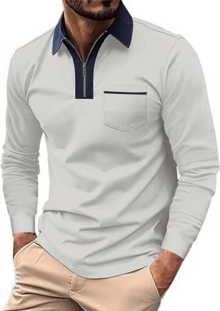 Generic Polo pour homme adulte, t-shirt &agrave; manches longues, col standard, fermeture &eacute;clair 1/4 avec poche poitrine, coupe d&eacute;contract&eacute;e, couleur unie, t-shirt H