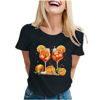 Generic T-shirt d&eacute;contract&eacute; pour femme avec col rond et imprim&eacute;, manches courtes, Noir, 3XL