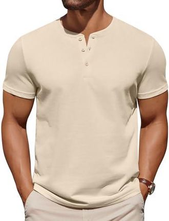 Coofandy Henley T-shirt à manches courtes pour homme décontracté basique T-shirt Henley T-shirt dété boutonné léger T-shirt extensible, beige, XL